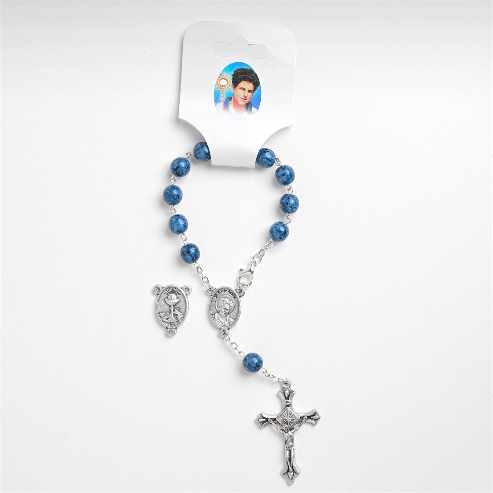 Blessed Carlo Acutis Auto Rosary with Blue Beads – Discount Catholic Store