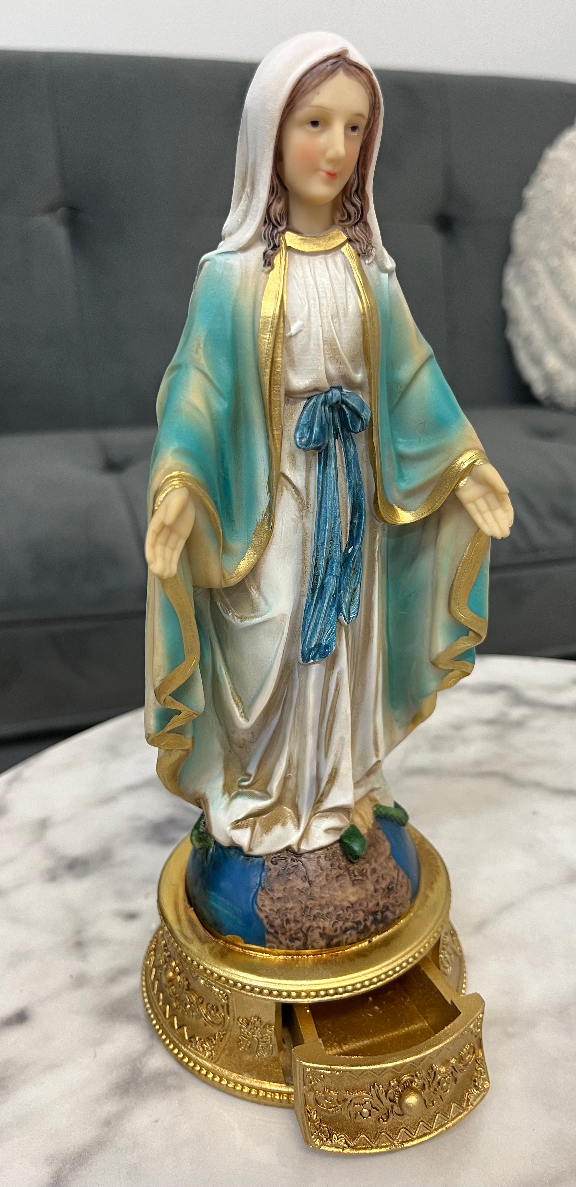 Our Lady of Grace Desktop Statue with Hidden Drawer for Prayer Intenti ...
