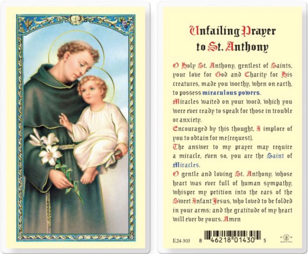 Saint Anthony of Unfailing Prayer Holy Card – Discount Catholic Store
